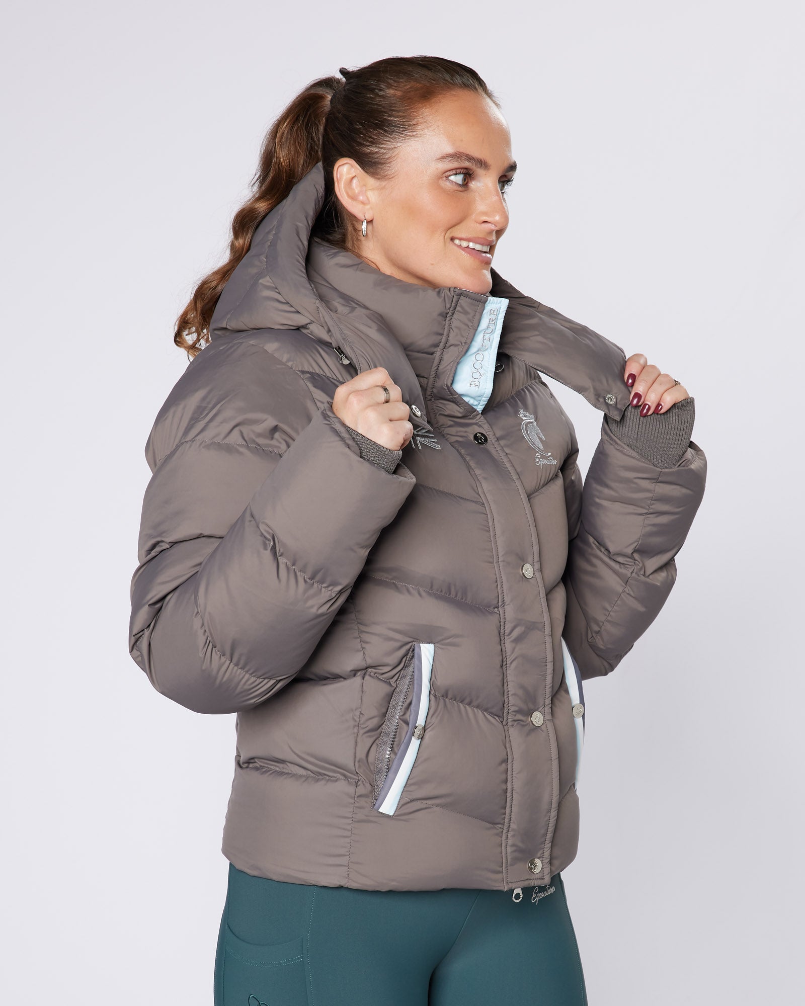 Short Grey Puffer Coat Equestrian Riding Jacket - Detachable Hood ...